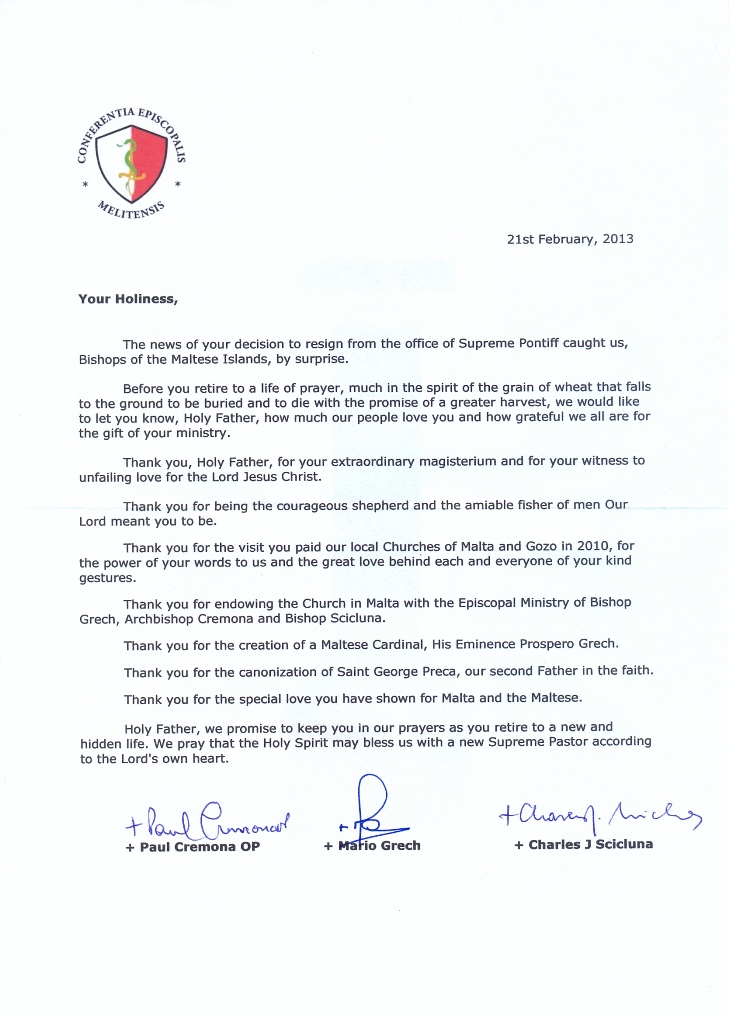 Letter by the Episcopal Conference to Pope Benedict XVI – Archdiocese ...